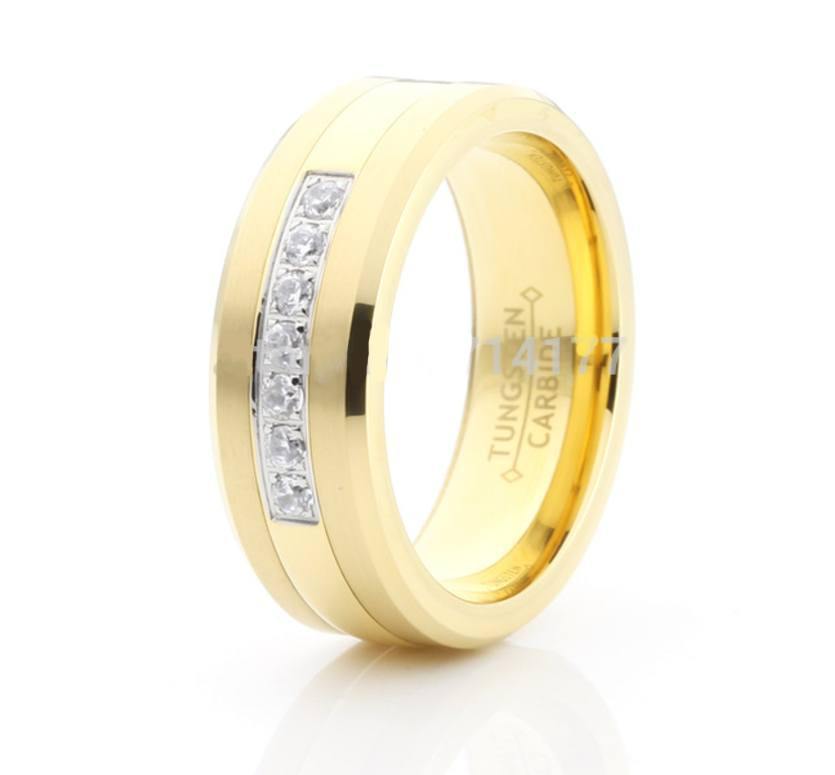 Crystals Inlay Gold Tungsten Carbide Ring